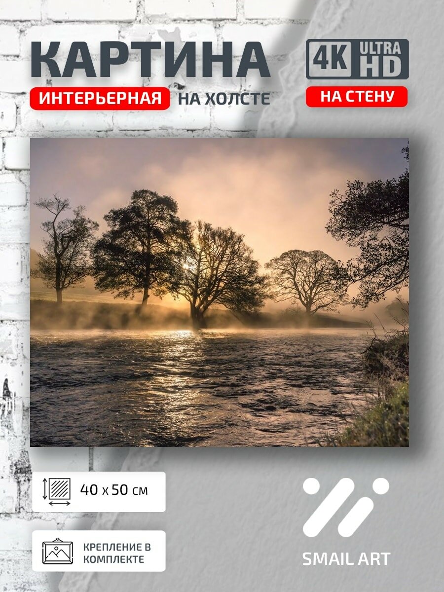 Картина на холсте интерьерная 40 на 50 на стену река туман для гостиной пейзаж