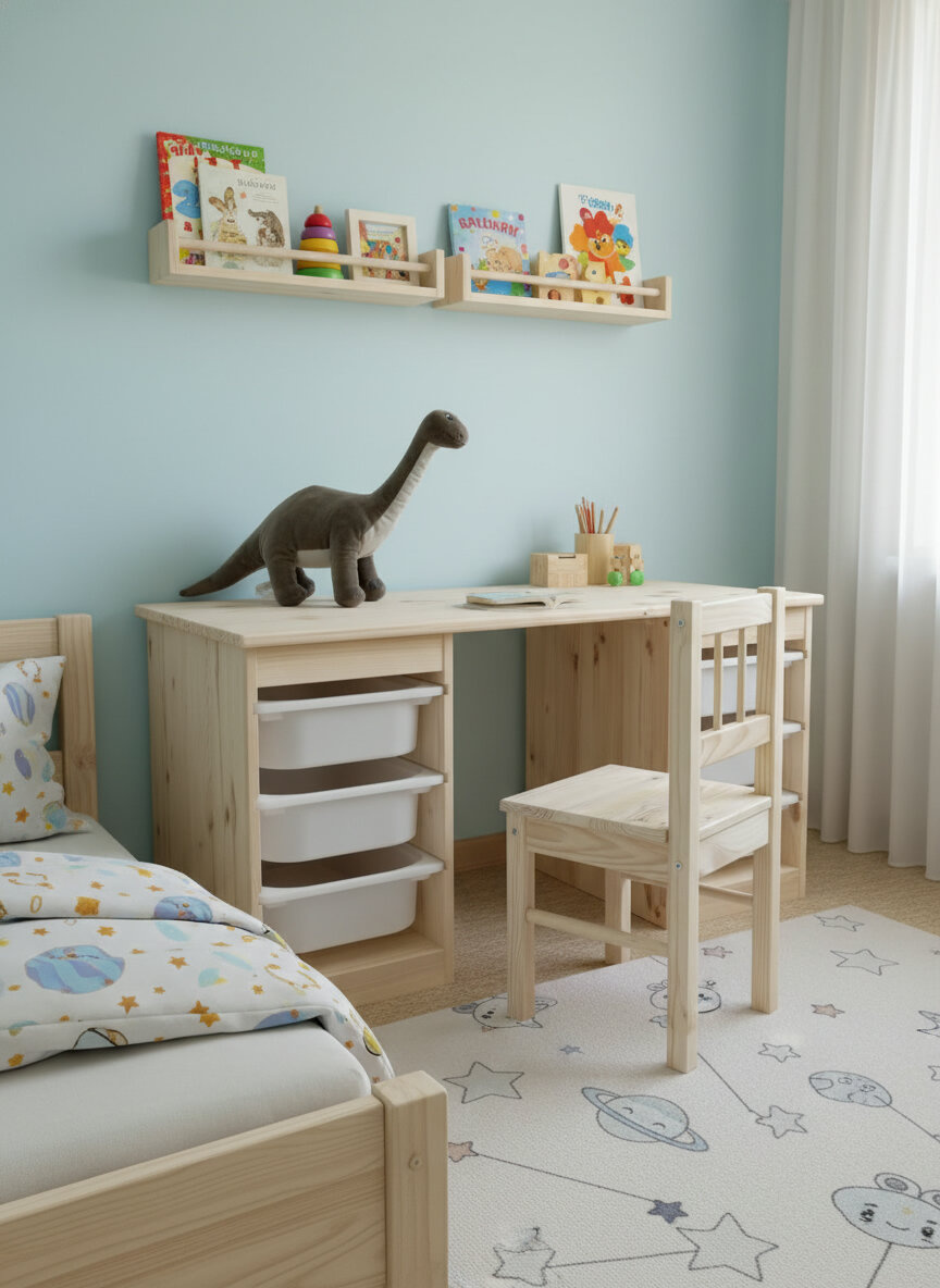 Детский стол и стул (комплект) Труфаст Trofast, сосна (с контейнерами 6 белых)