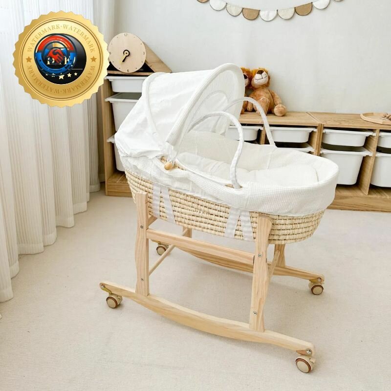 Плетеная колыбель для новорожденных, ручная работа, переносная с деревянной подставкой и съемными колесами, мягкая внутренняя отделка, складной солнцезащитный козырек и москитная сетка