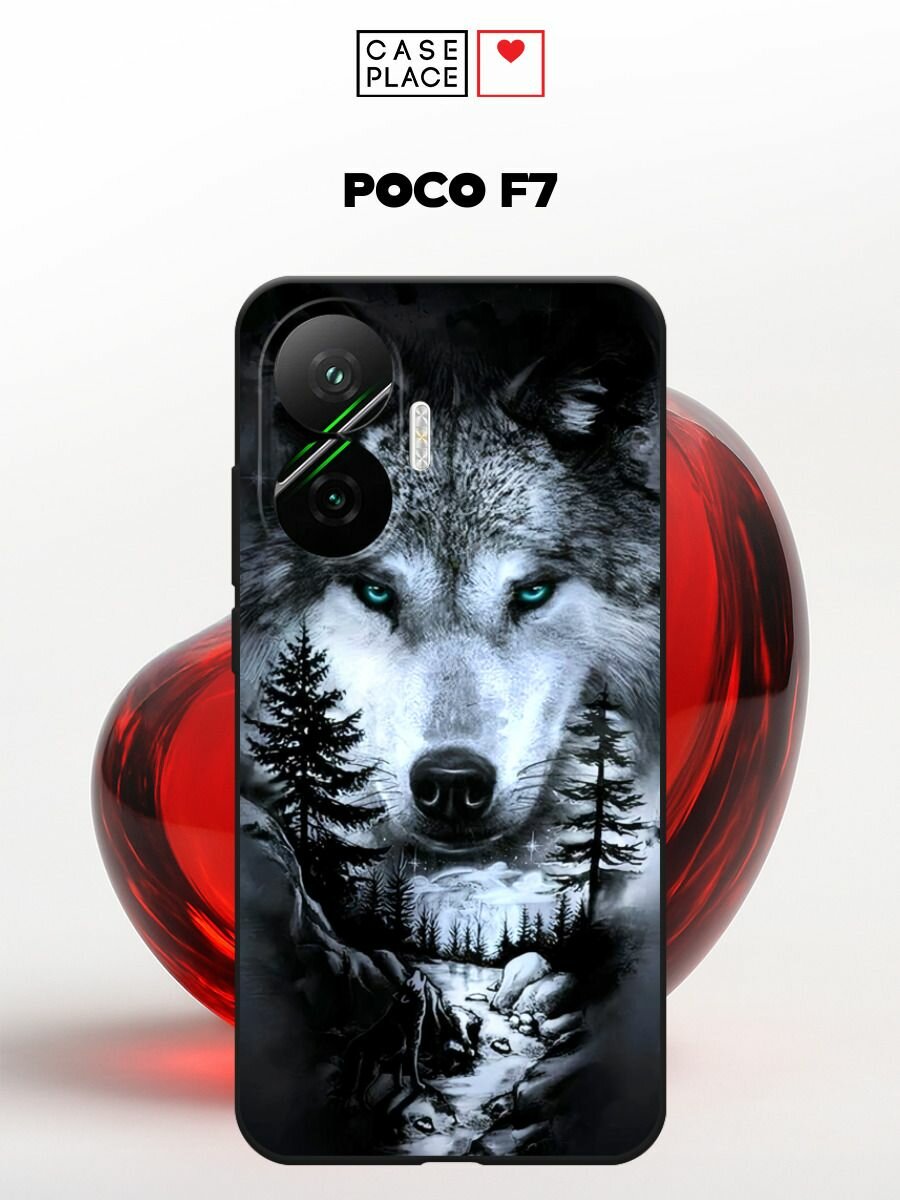 Черный матовый чехол на Poco F7 / Поко Ф7 с принтом Волк в зимнем лесу