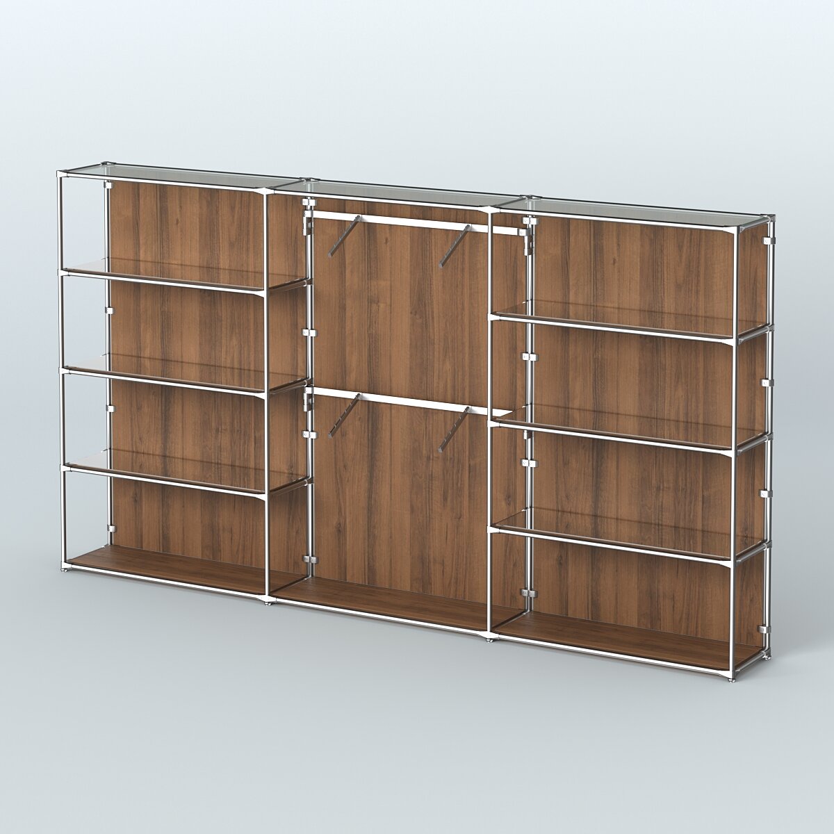 Торговая система хром (задняя стенка - ДСП) 3600 мм с зеркальными полками и поручнями №6, Орех