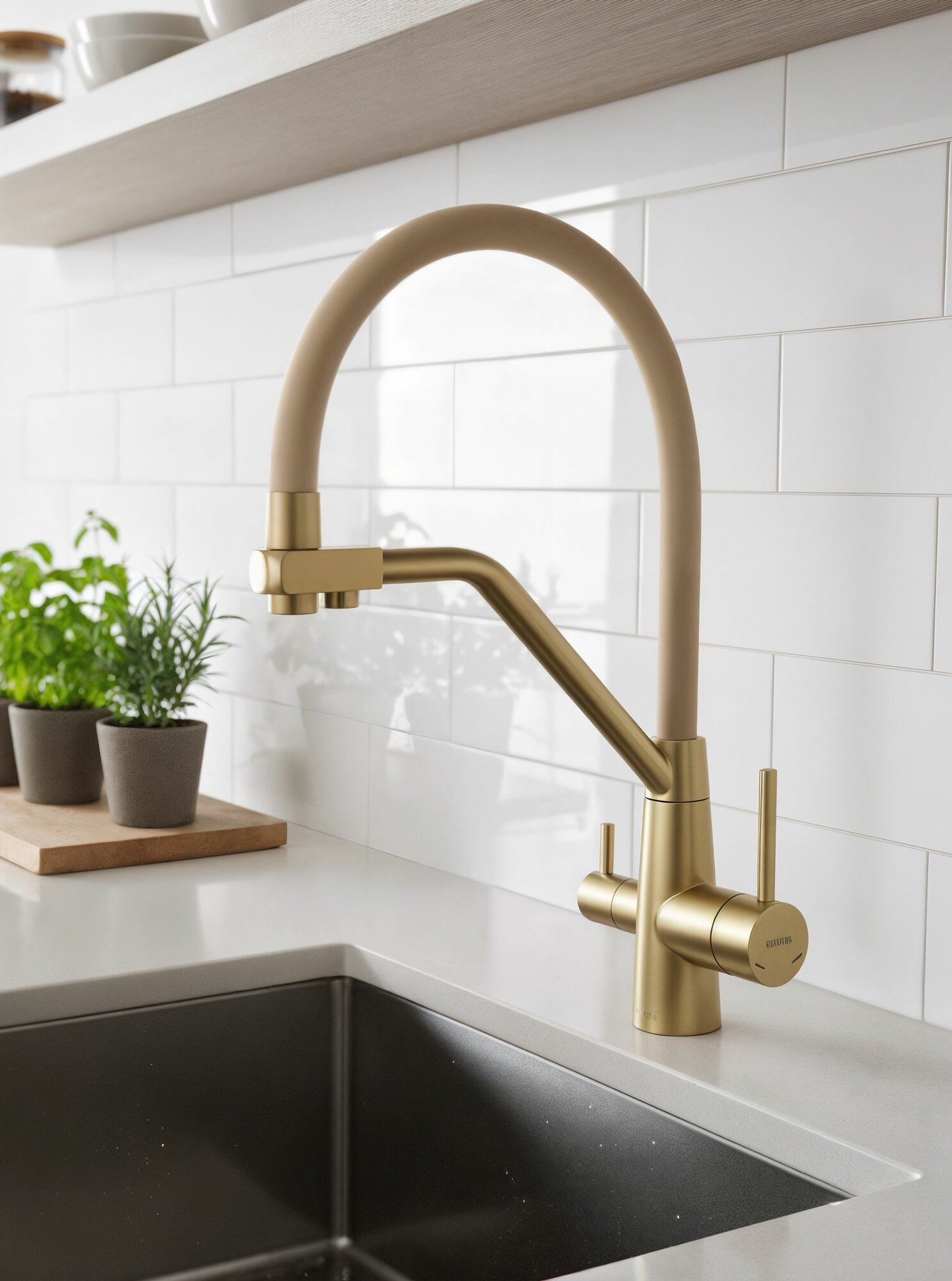 Смеситель для кухни с подключением под фильтр для питьевой воды / с съемным изливом / высокий, поворотный / матовое золото, бежевый