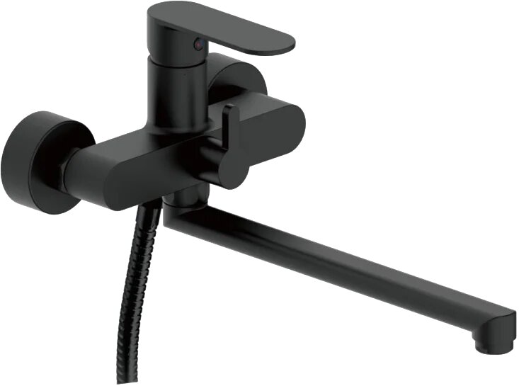 Смеситель с длинным изливом для ванны Haiba HB590-7 HB22590-7 с душевым гарнитуром, поворотный, латунный, черный, матовый, смеситель для ванны с душем, рычажный, с настенным держателем