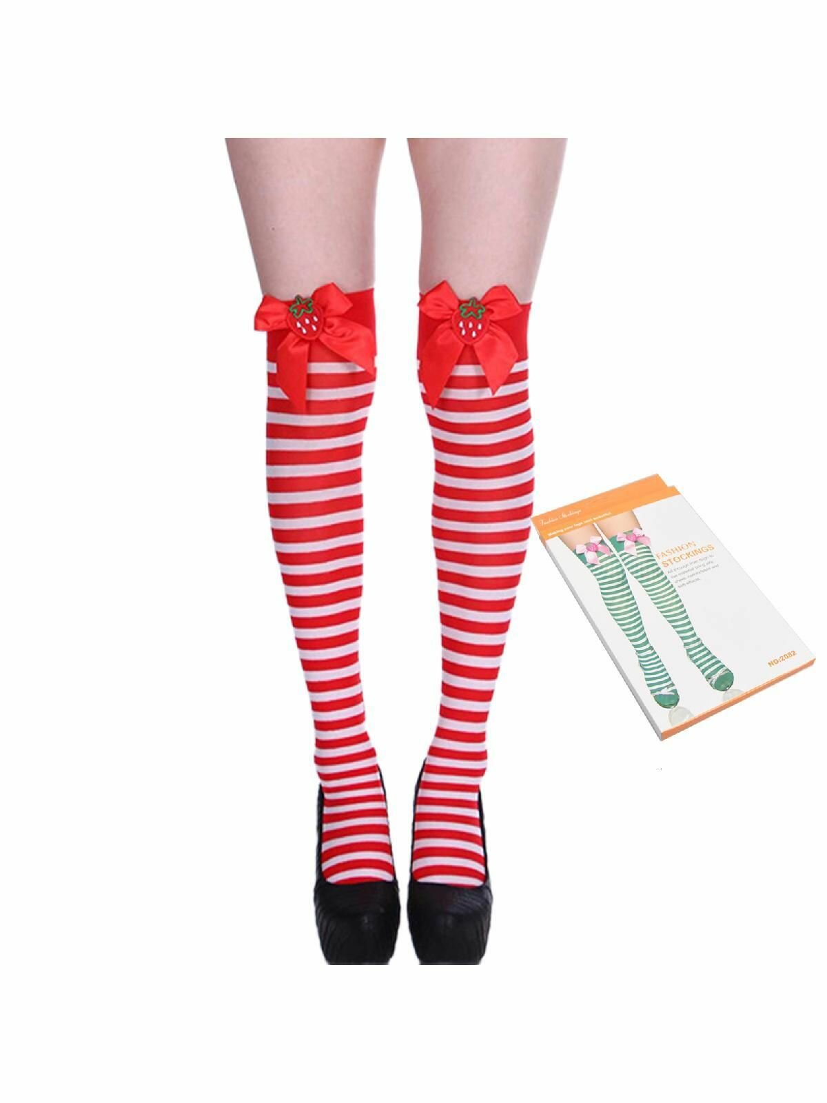 Милые полосатые чулки с клубничными бантами, Красно- белая полоса