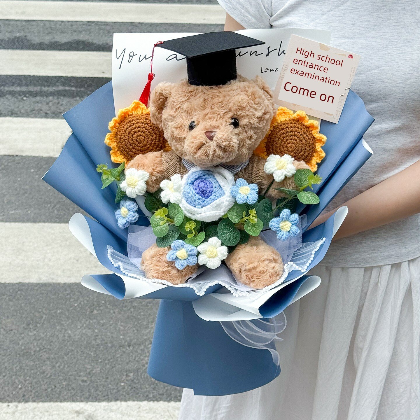 Креативная плюшевая игрушка-медведь на выпускной, вязаный букет из искусственных цветов подсолнухов из пряжи,