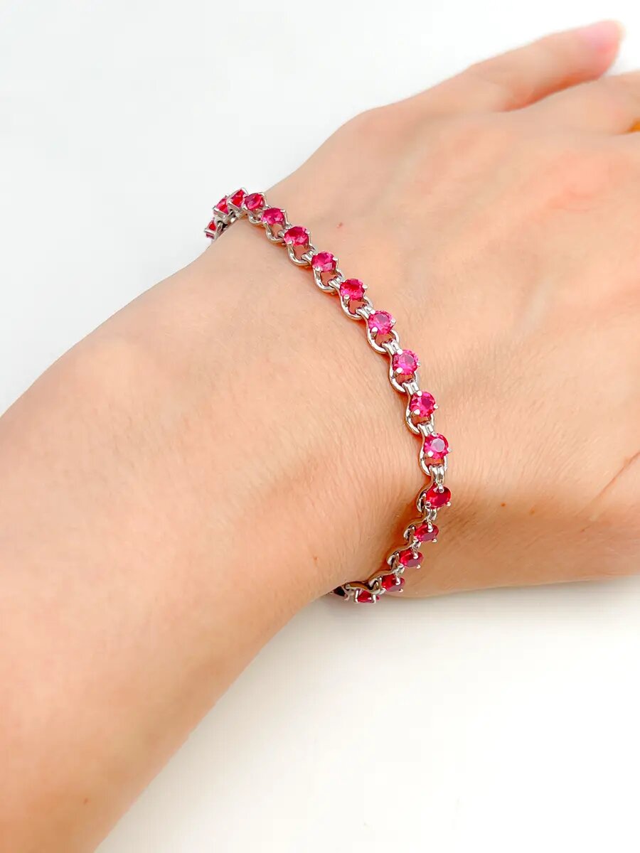 Браслет, серебро, 925 проба, родирование, рубин синтетический