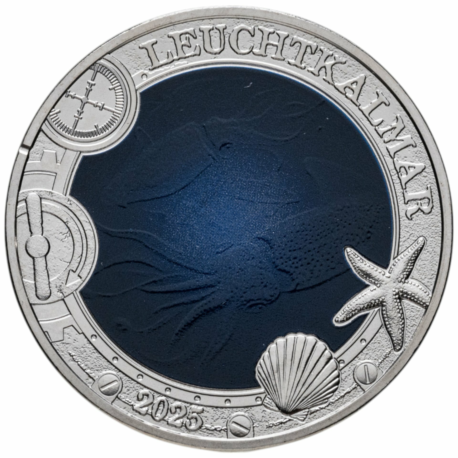 Австрия 3 евро 2025 "Светящаяся морская жизнь - Сверкающий кальмар", Мельхиор медь-никель, в сохранности UNC