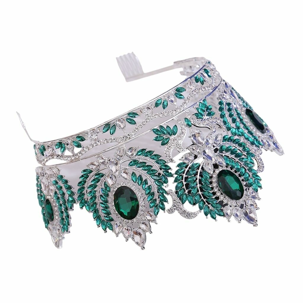 Корона для Вечеринок в стиле Подиум Барокко - Белый Бриллиант на Серебряном фоне, Темно-Зеленый Бриллиантовый Гребень Для Волос