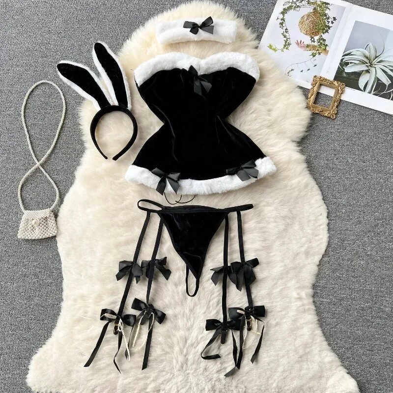 Рождественское Нижнее белье Sweet Bunny, женские сексуальные ночные рубашки, мягкое бархатное black