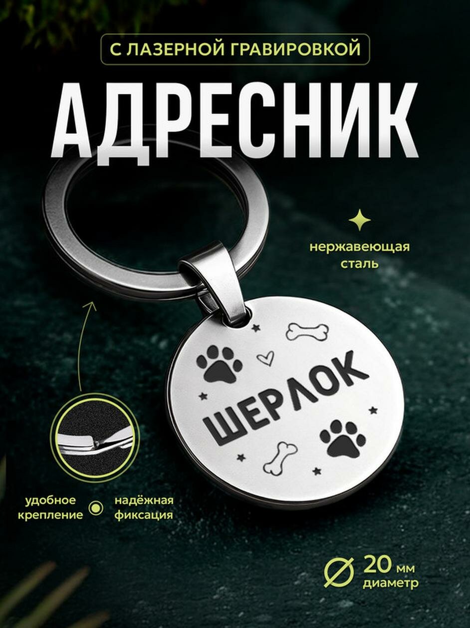 Адресник для собаки и кошки с гравировкой, нерж. сталь, серебристый, Шерлок
