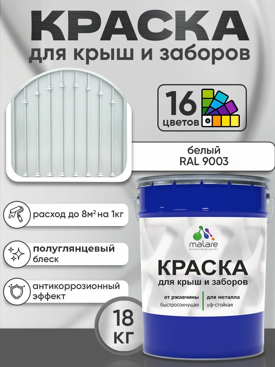 Краска по металлу Malare для крыш и заборов по ржавчине, для наружных работ, быстросохнущая износостойкая RAL 9003 белый, глянцевая, 18 кг
