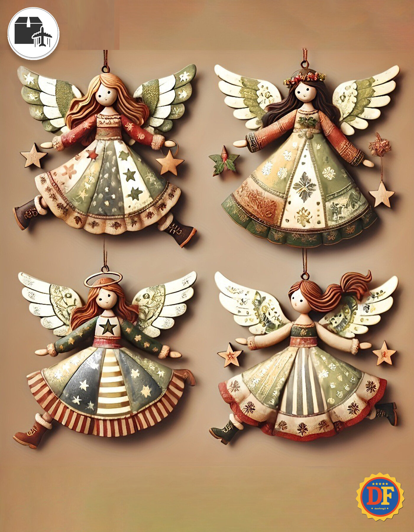 Винтажные деревянные подвески «Ангелочки» для елки — 7 дизайнов, ретро стиль, экологичный декор，Высота 8 см，4шт.