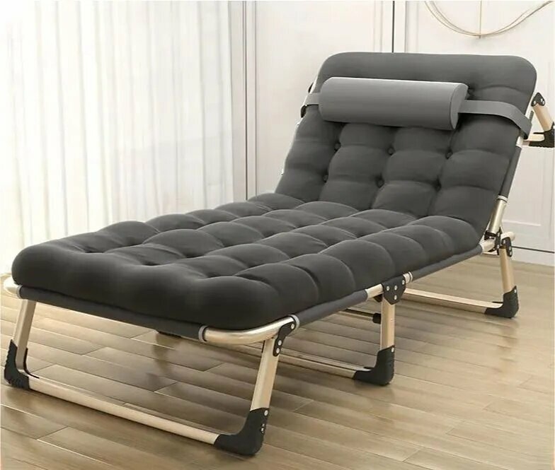 Кровать раскладная туристическая/Портативная кровать на четырех ножках + утолщенная подушка с жемчугом, регулировка четырех передач, серый