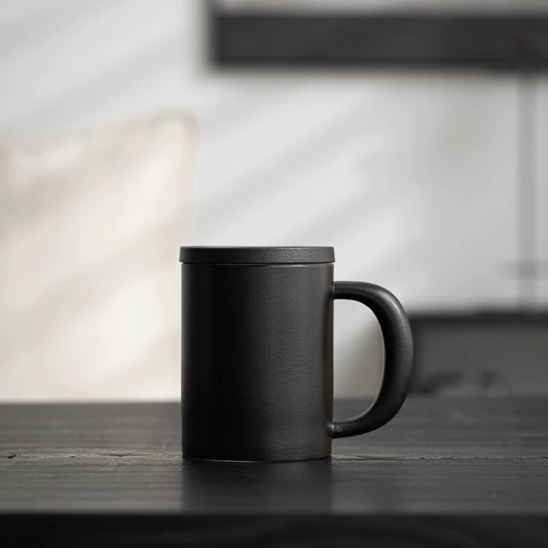 Haichuan черная керамическая кружка с крышкой, 350 мл - Элегантная чашка для кофе ежедневного использования