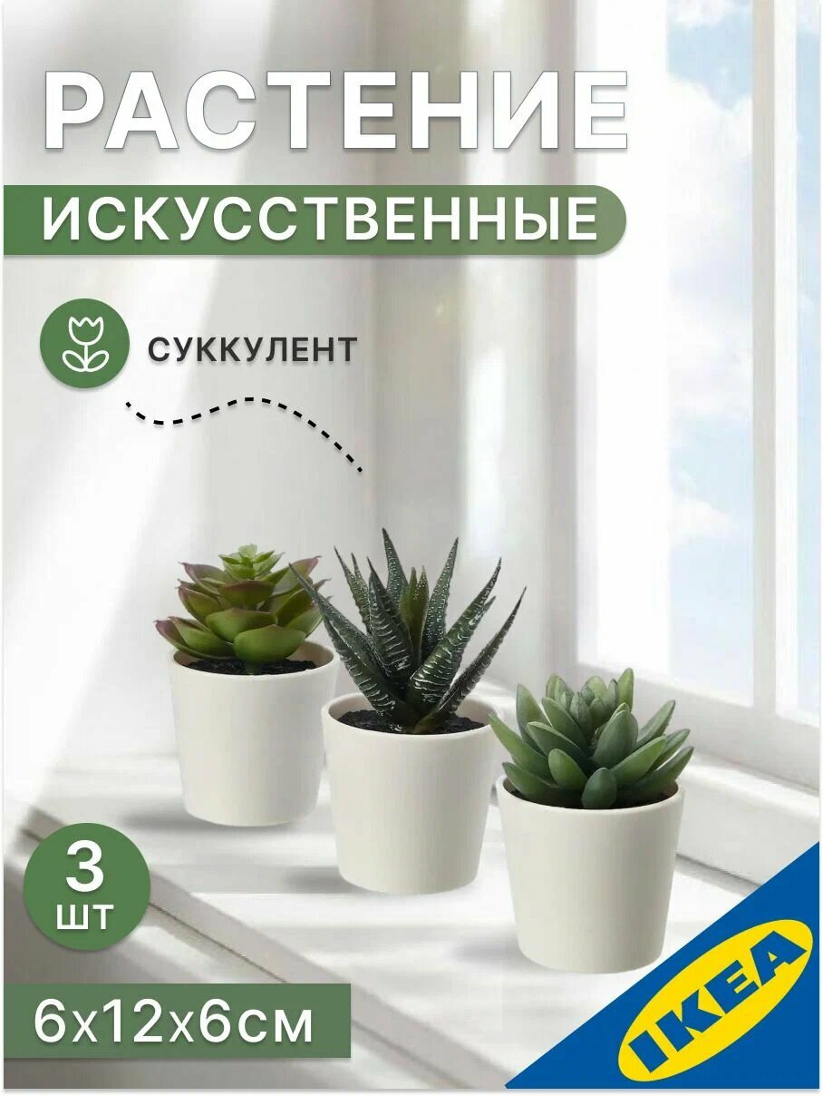 Искусственное растение в горшке Суккулент 6х12х6 см 3 шт д/дома/улицы белый/зеленый IKEA FEJKA фейка