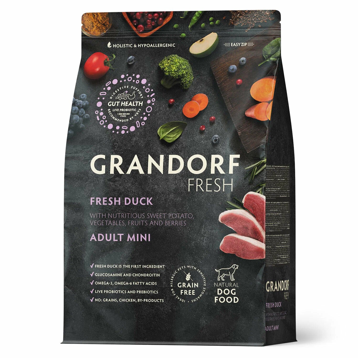 Беззерновой корм Grandorf Fresh Adult MINI Duck для собак мелких пород, Утка с бататом, с пробиотиками, 3 кг