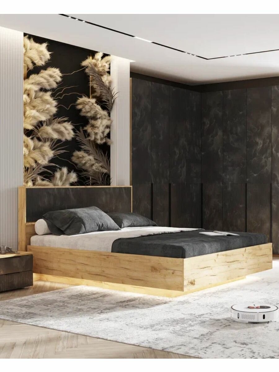 Кровать двуспальная парящая Марвэл 1.6 Дуб крафт/Мальта грей/Дуб крафт, ортопедическое основание, подсветка, МИФ