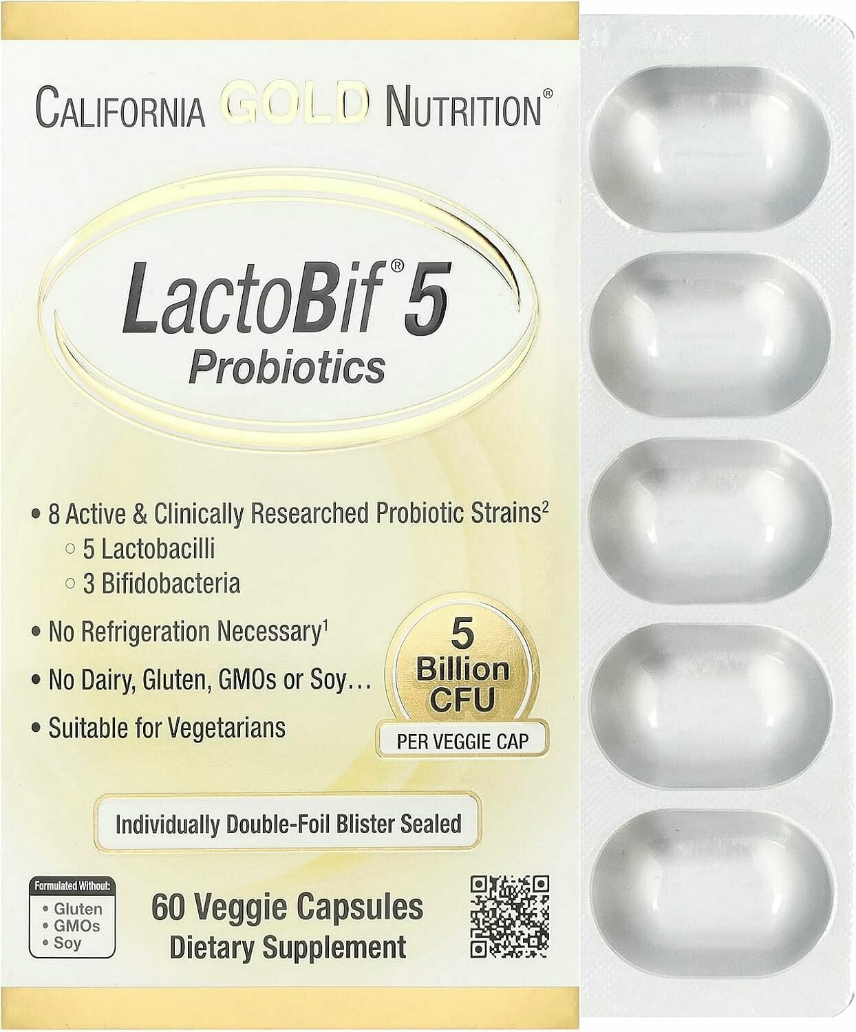 Пробиотики, California Gold Nutrition, LactoBif, 5 млрд КОЕ в капсулах, 60 шт.