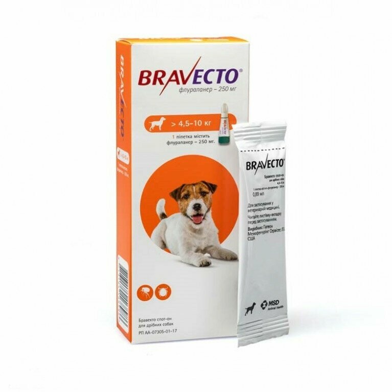 Бравекто (MSD Animal Health) капли от блох и клещей Спот Он для собак 4,5-10 кг 1шт. в уп.