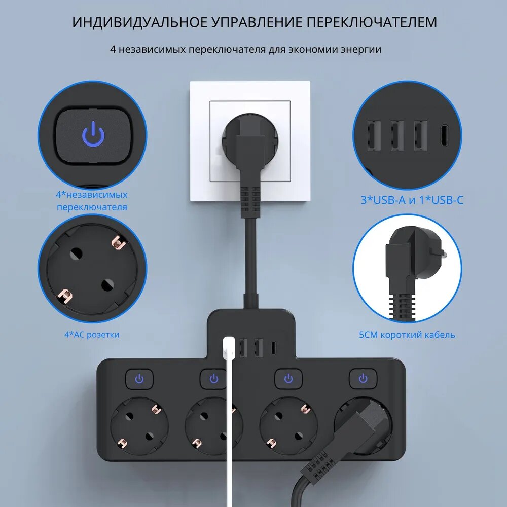 HITRENDS Поворотная розетка на 180 с 4 евророзетками (чёрная), 3 USB и 1 Type-C, 250V 16A, индивидуальные выключатели, защита от детей, защита от перегрузки, огнестойкая