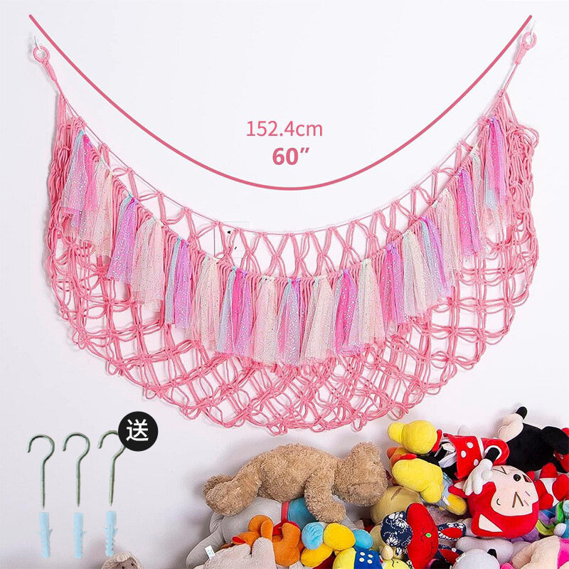 Сетчатая сумка для игрушек из хлопкового каната, ручная работа, органайзер для хранения детских игрушек, цветная сумка с кисточками, подвесная гамаковая сетка