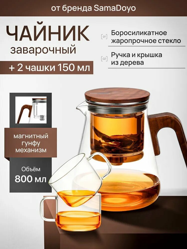 Комплект SamaDoyo Чайник заварочный гунфу Bonston Premium из боросиликатного стекла 800 мл + 2 чашки для чая 150 мл