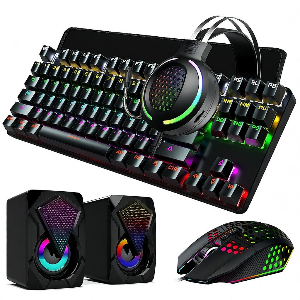 Wired Gaming Combo 87-key Keyboard Blue Switch, 8000 DPI Programmable, 7.1 Surround Sound Headset with Mic, Pad, RGB Speakers, Black