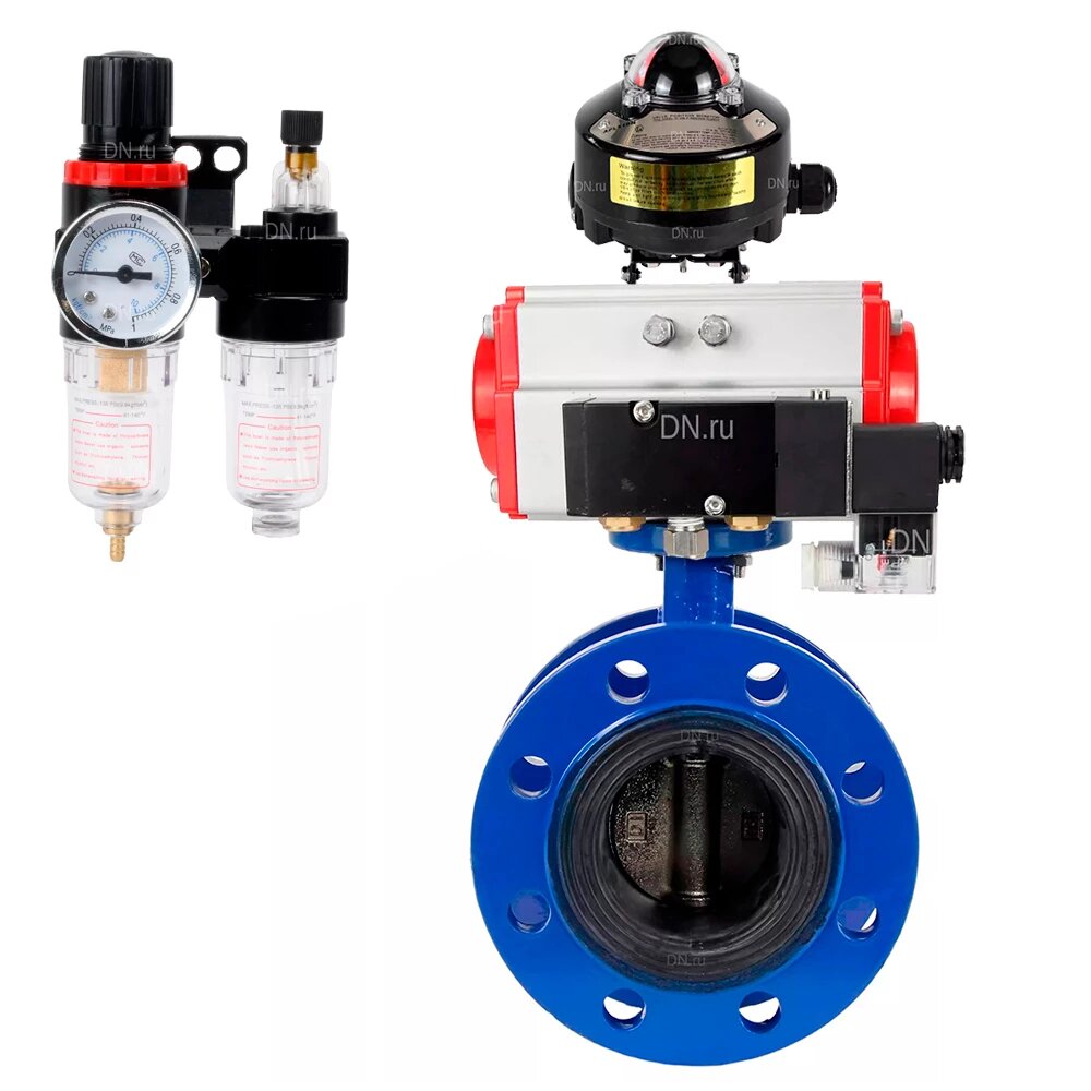 Затвор дисковый поворотный DN. ru GGG40-304-EPDM-2W-F-H Ду150 Ру16 корпус - чугун GGG40, диск - нерж. сталь 304, уплотн. - EPDM, с пн. приводом SA-160, пн. распределителем PND2-S1EM-52-1NC-J08-24VDC, БКВ LSB-510-02ExM12-250 и БПВ APU1-10-40-V08