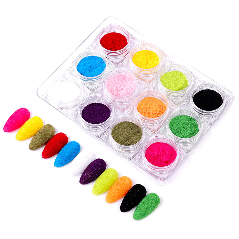 12 Color/Set Velvet Flocking Powder Decoration Velvet Nail Glitter Polish Nail Art Powder Pigment for Nails DIY Decoration Tips, 12pcs, Type: Velvet Flocking Powder, Package Size: 12.5*9.5*1cm, Package Weight: 100g