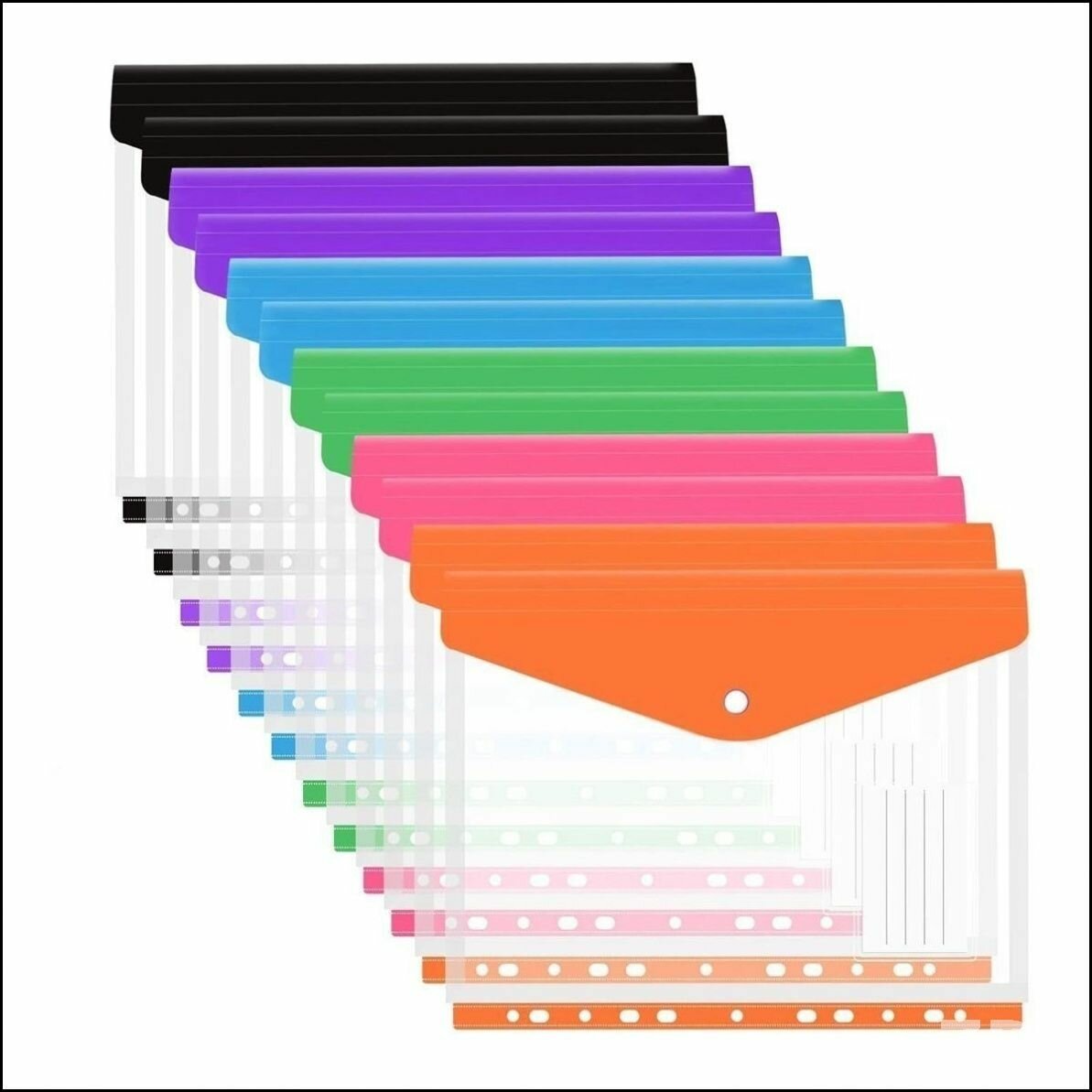 12 шт. конвертов-расширителей формата А4 из прозрачного пластика для папок-скоросшивателей на кольцах, кнопка