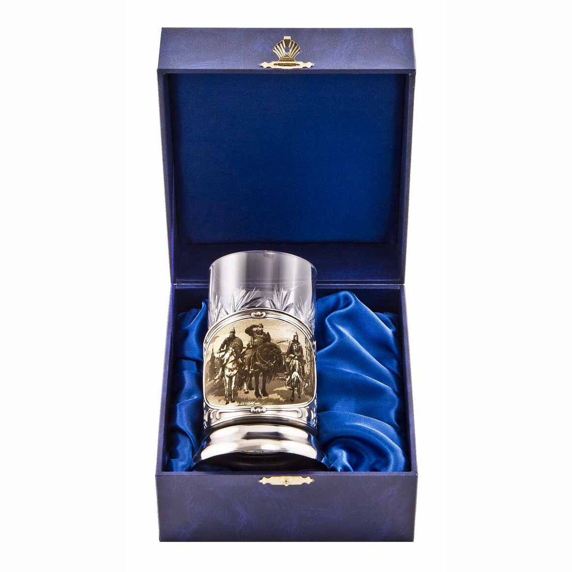 Подстаканник "Три богатыря" дерев. футляр, хруст. стакан, гравировка ПД-502