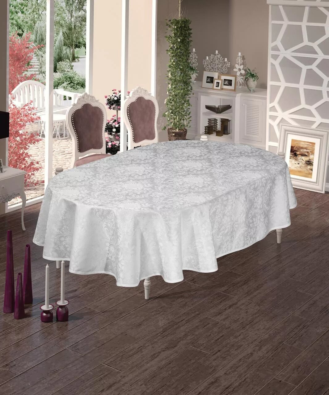 Скатерть овальная с жаккардом 12224 Begonya белый Doco (белый), Овальная скатерть 160x220