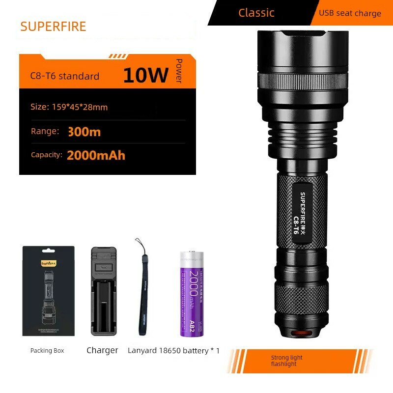 SupFire C8-T6 Светодиодный фонарик 10 Вт, комплект с одиночным аккумулятором, перезаряжаемый, портативный для дома