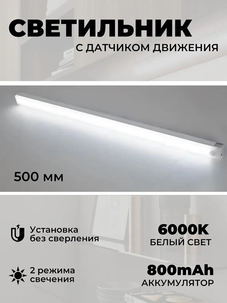 Умная подсветка для шкафа 500 мм 5 Вт автономная работа, датчик движения, перезарядка через USB, Освещение полок.