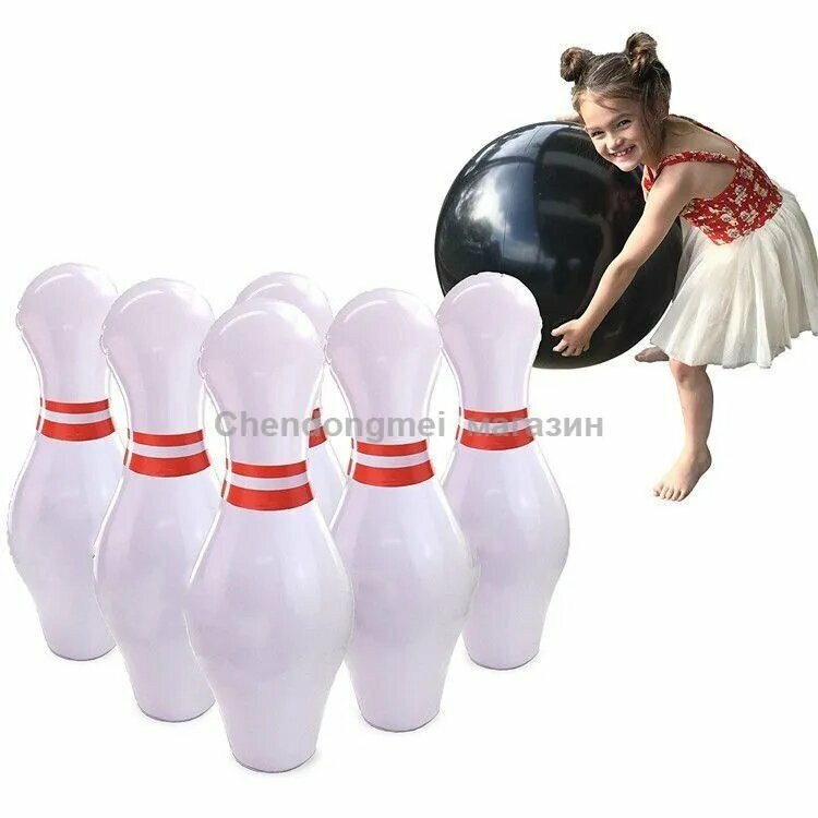 Гигантский надувной набор для боулинга 7 шт, включая 6 кеглей 27 дюймов и шар 24 дюйма для семейной вечеринки взрослых на открытом воздухе в помещении