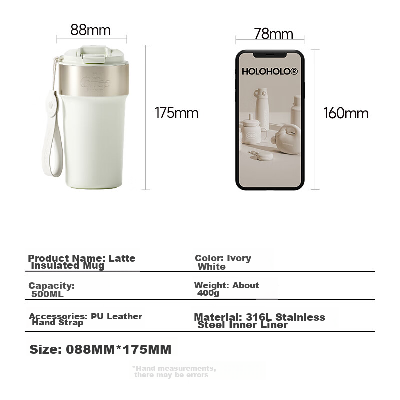 HOLOHOLO Latte Cup Insulated Cup Men's and Women's 316L Stainless Steel Water Cup 500ML Large Capacity Travel Mug
