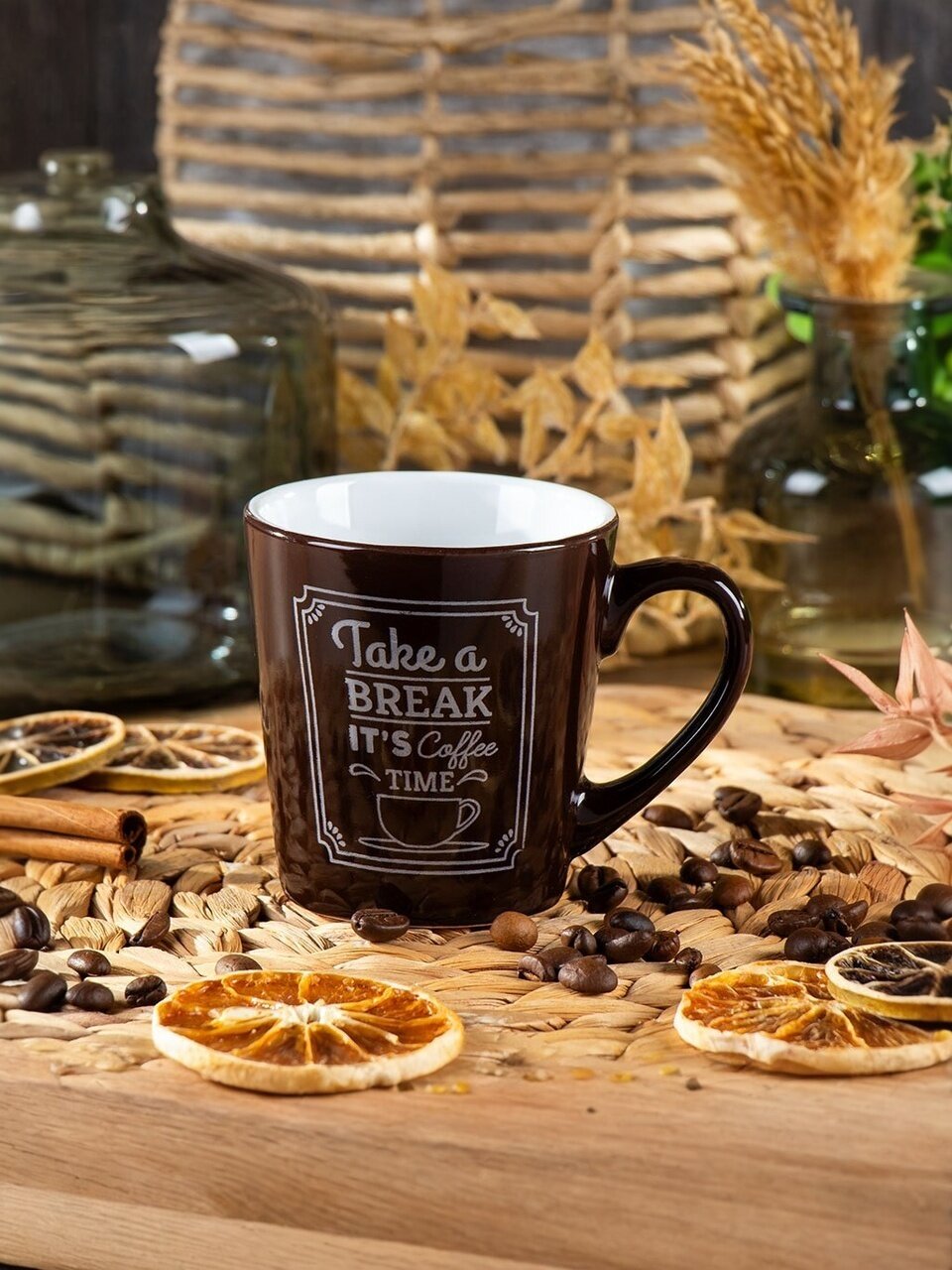 Керамическая кружка 200 мл Y4-8055 с надписью Take a break, стильная посуда для кофе и чая, коричневая