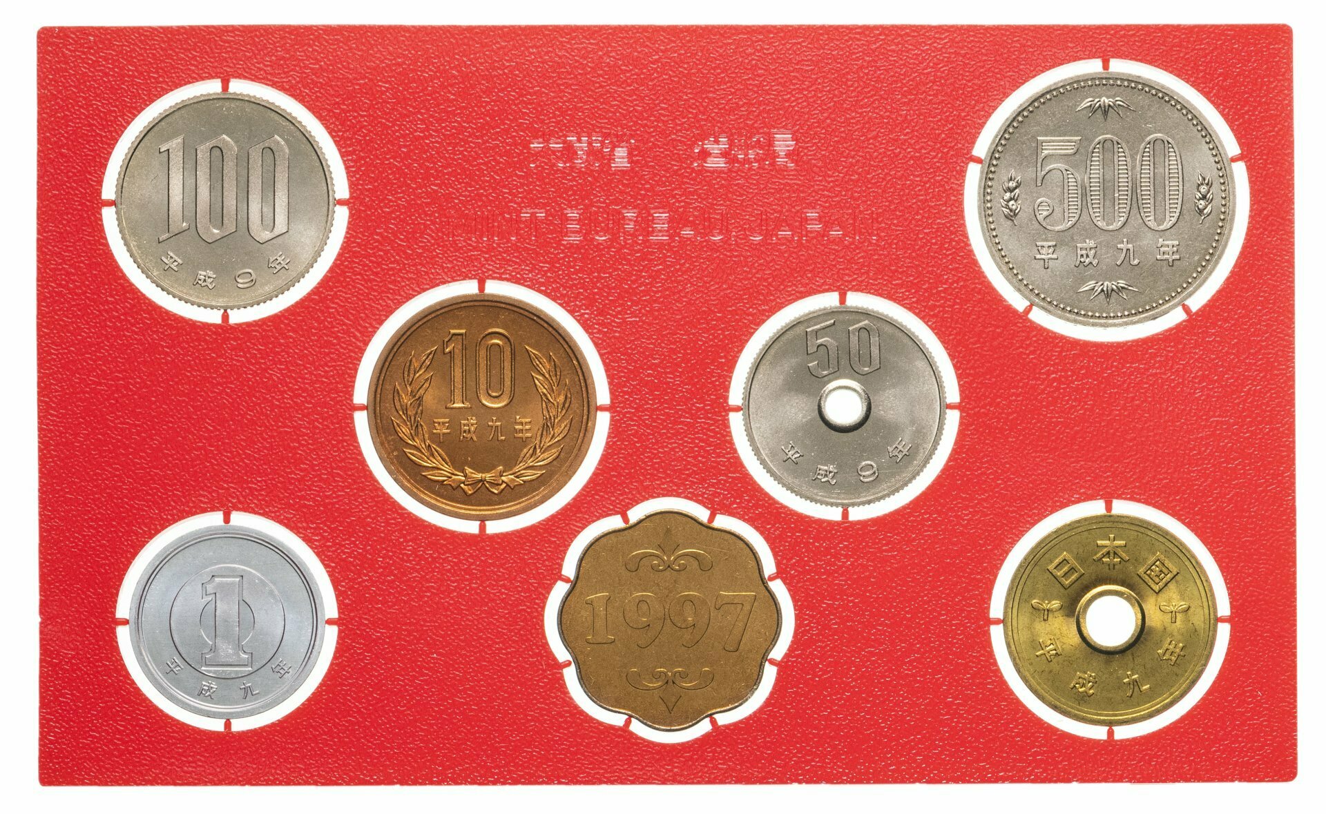 Япония - годовой набор 1997 1, 5, 10, 50, 100, 500 йен + жетон "Год Красного Быка " UNC Блистер, Никель
