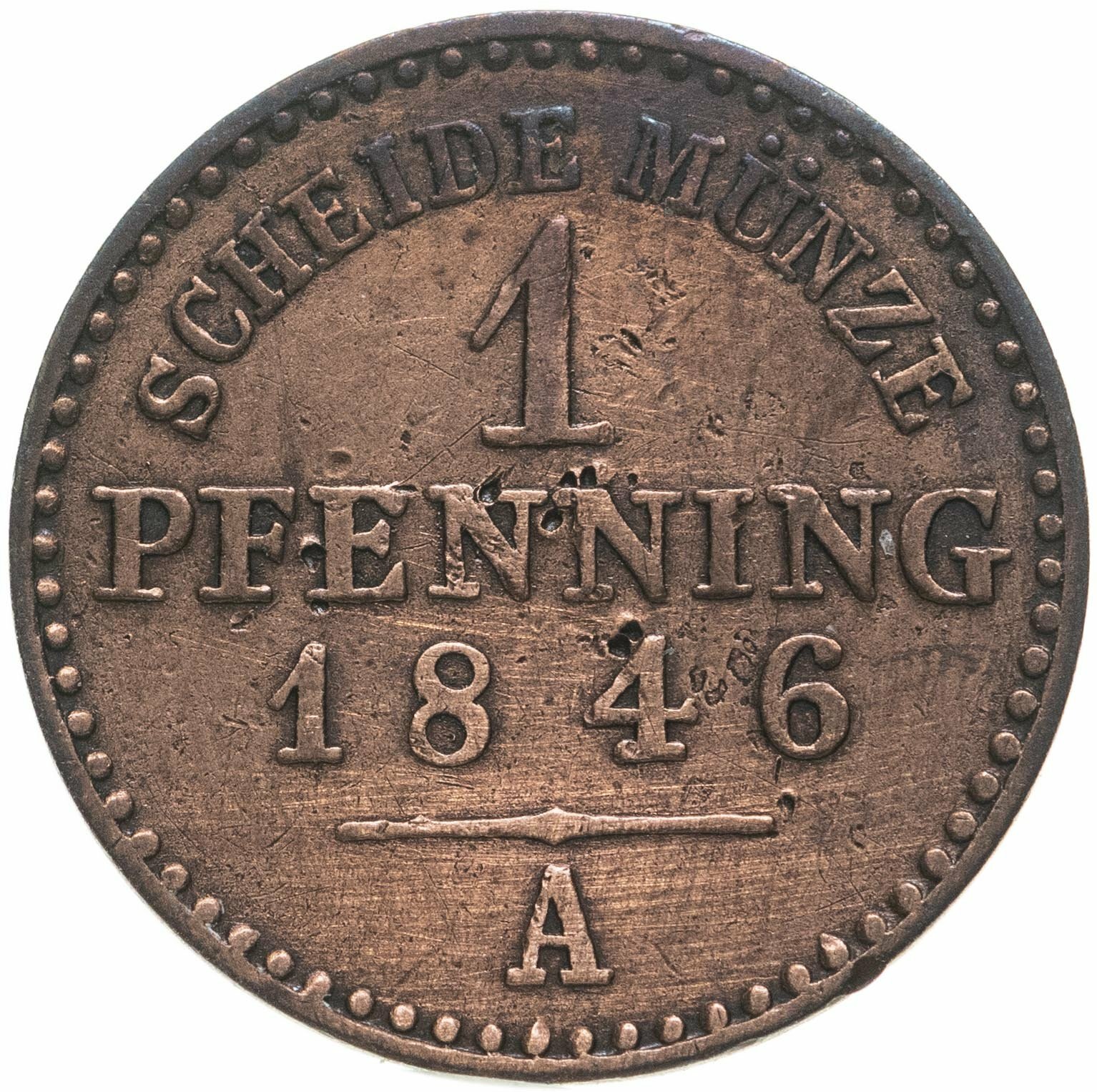 Германия, Пруссия 1 пфенниг 1846, Медь, в сохранности VF