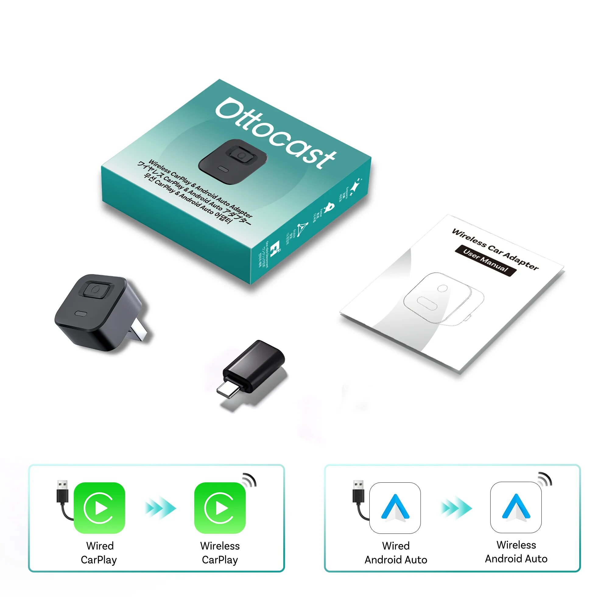 Ottocast Mini Dot Wireless Carplay Adapter Android Auto Dongle Проводной к беспроводному Wi-Fi 6 Bluetooth 5.4 Plug & Play для Audi Kia Mini Dot Only