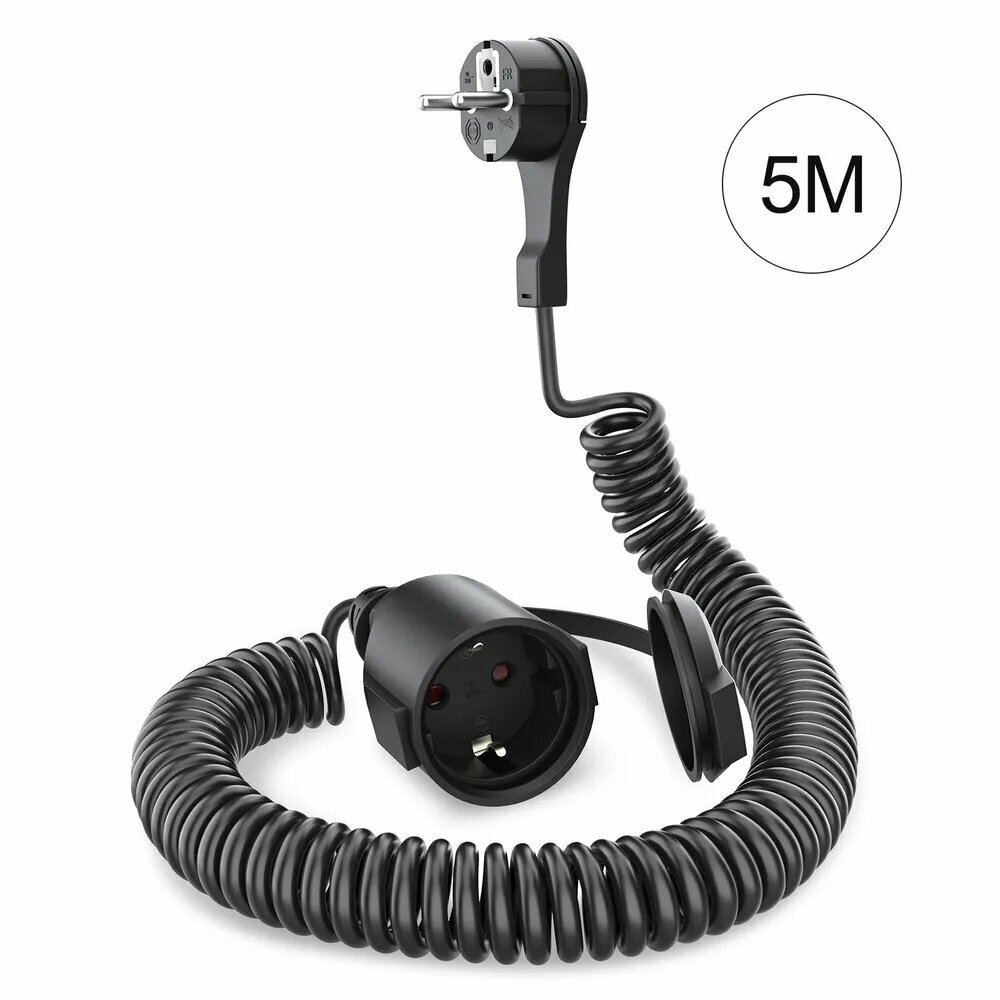 HITRENDS Пружинный кабель PVC (евро с крюком) 5м 1мм черный - гибкий провод для розеток, удлинителей и переносок