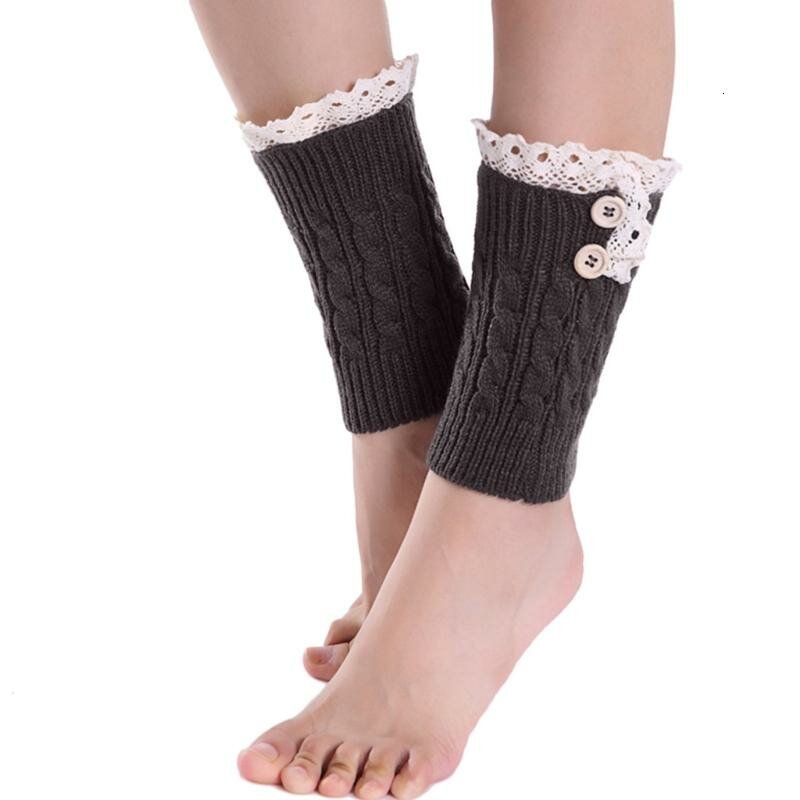 Женские вязаные гольфы с кружевной отделкой и пуговицами, темно-серый