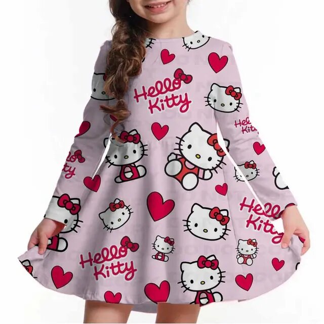 Платье с длинными рукавами и принтом Hello Kitty для девочек, идеально подходит для повседневной носки в праздничные дни, вечеринок или в качестве подарка.