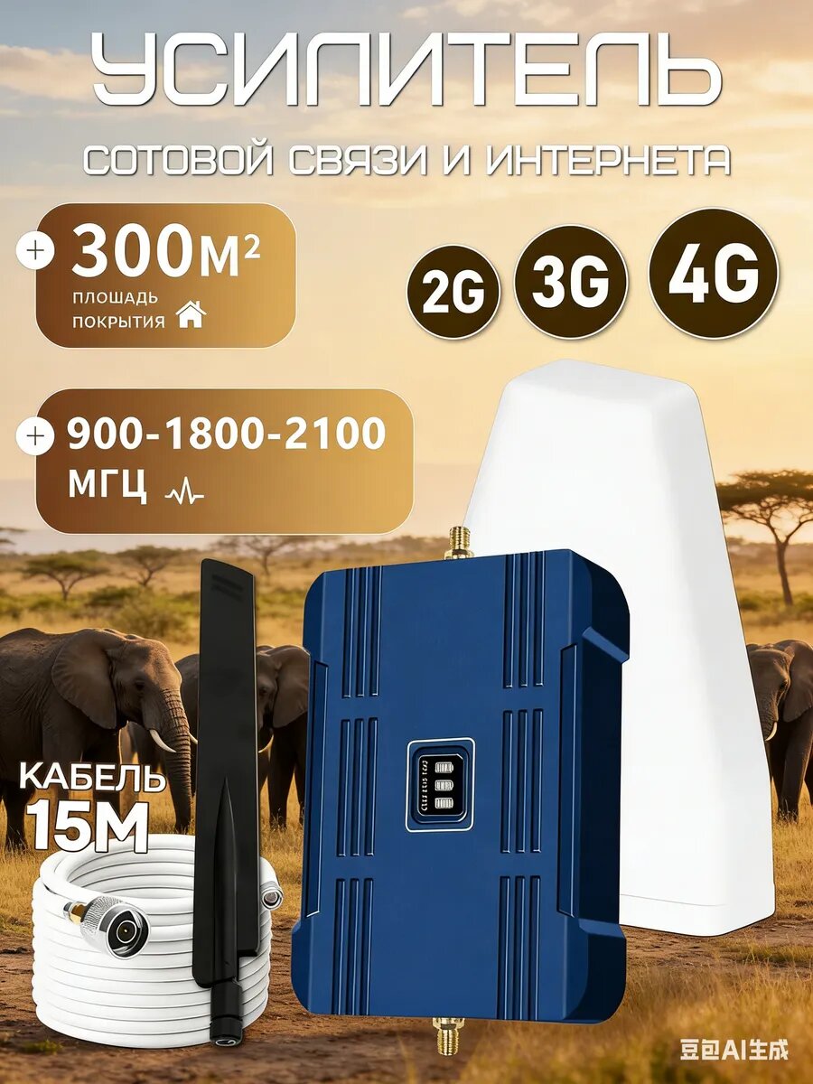 Усилитель сотовой связи 900/1800/2100 МГц (2G/3G/4G): до 70 км, направленный, синий, 1.3 кг