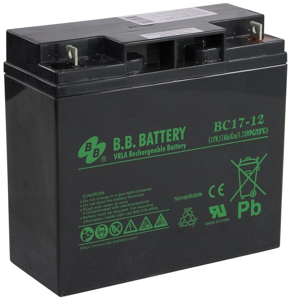 Аккумуляторная батарея B.B. Battery BC 17-12 (12V 17Ah ДхШхВ 181х76х166 мм, масса 5,62 кг) клеммы B1 (М5 болт и гайка)
