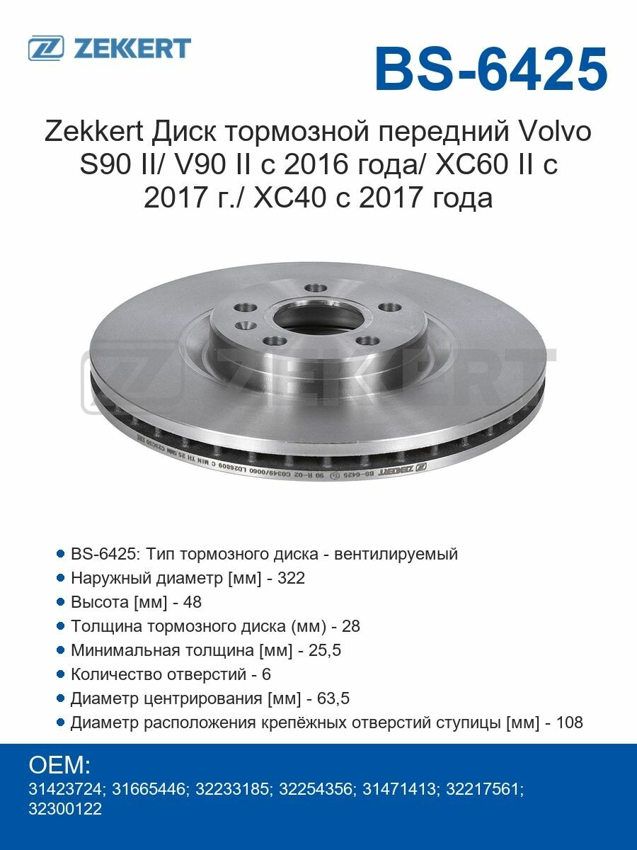 Zekkert Диск тормозной передний Volvo S90 II/ V90 II с 2016 года/ XC60 II с 2017 г./ XC40 с 2017 года