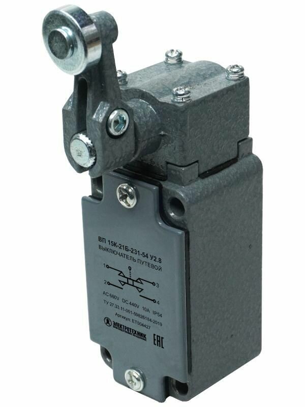 Выключатель путевой Электротехник ВП 15К-21Б-231-54, У2.8, IP54, рычаг с роликом прямого действия