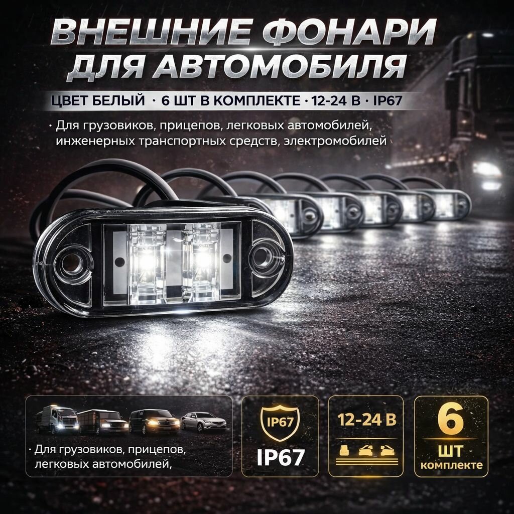 Светодиодные габаритные огни, 12-24V, IP67 led фонари для автомобиля, прицепа, грузовика, газели, боковые указатели габаритов, белые 6шт