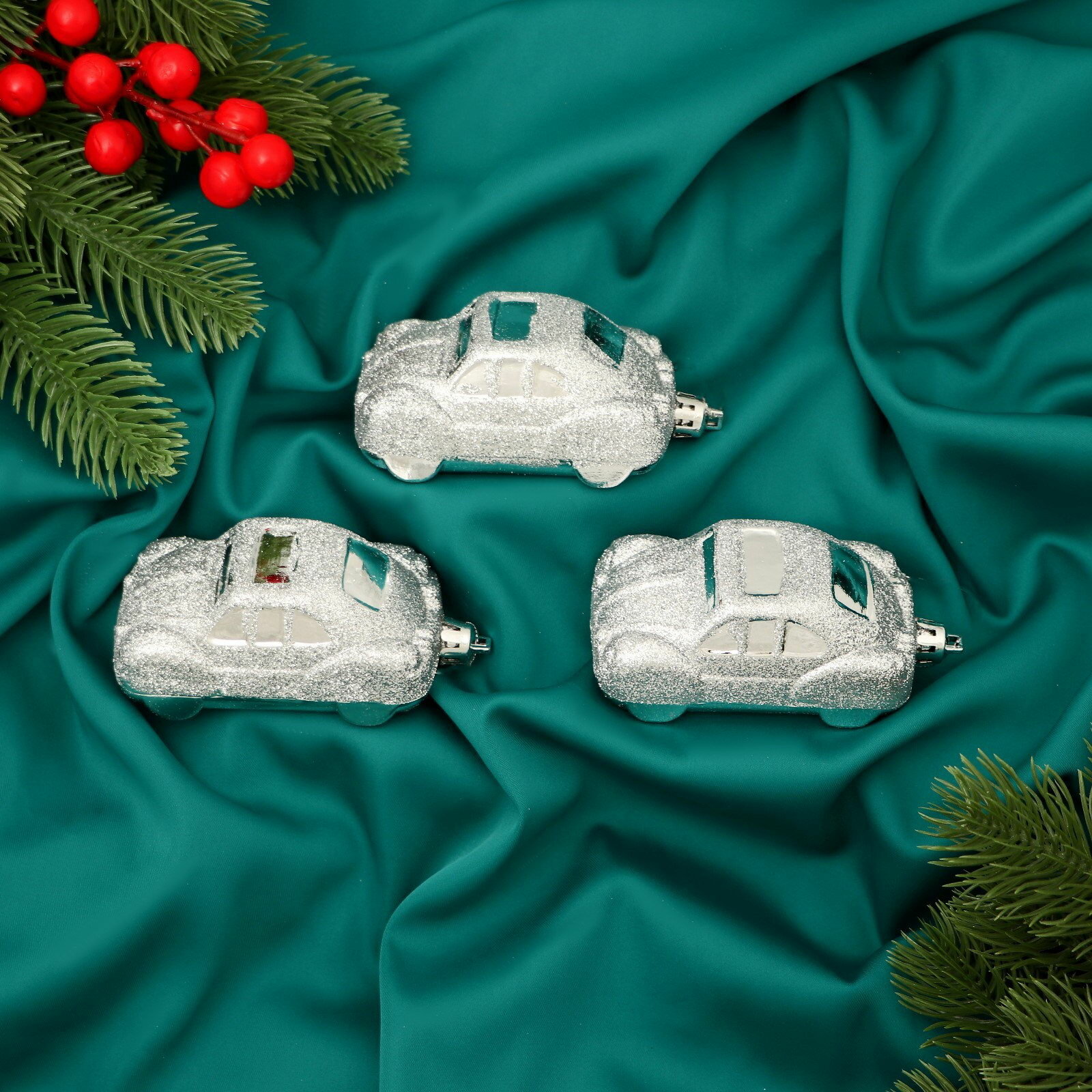 Ёлочные игрушки 3 шт, "Машинки" пластик, 9x3.5 см, серебро, стиль: ар-деко