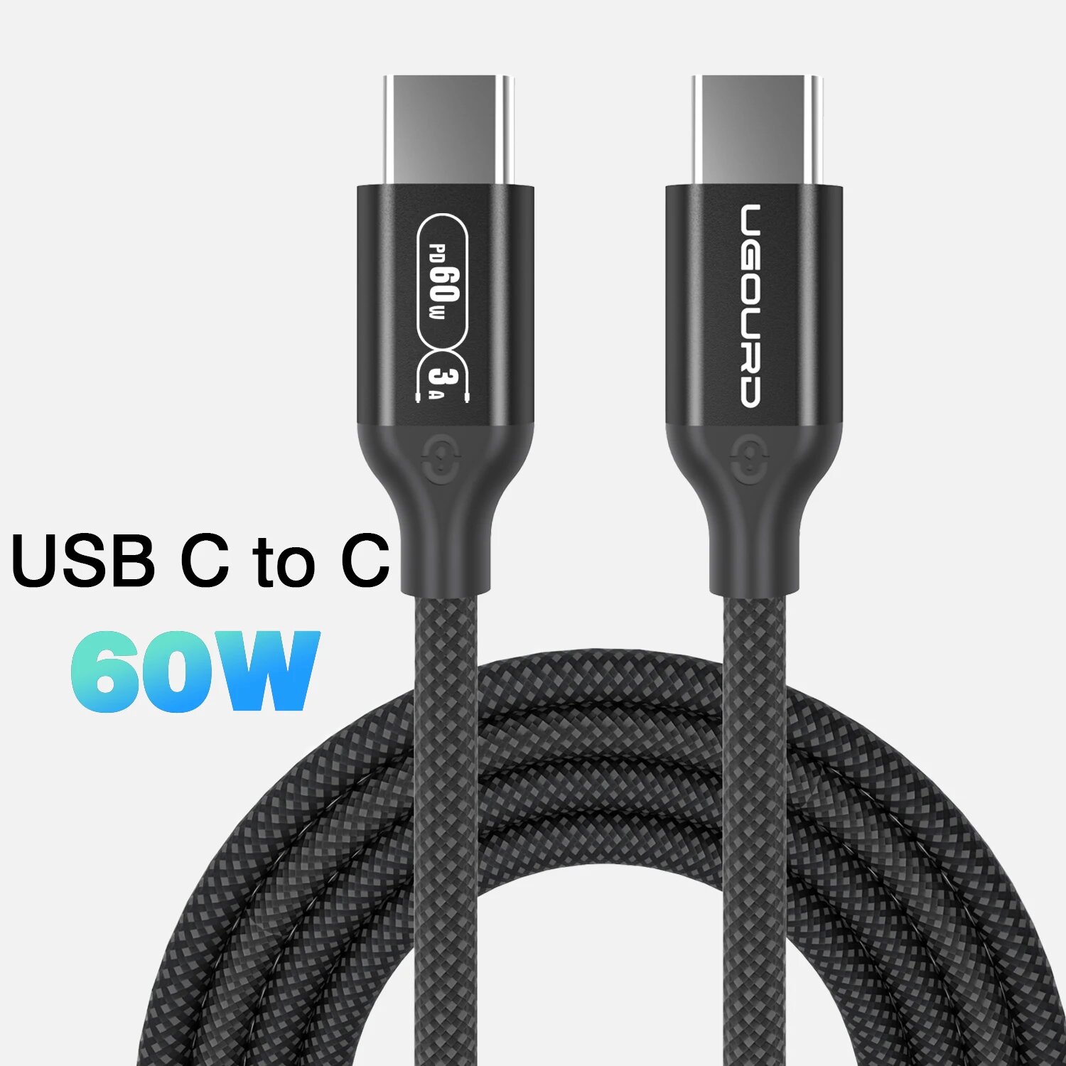 Кабель USB C-C 60W 3A, 1м, Серый UGOURD
